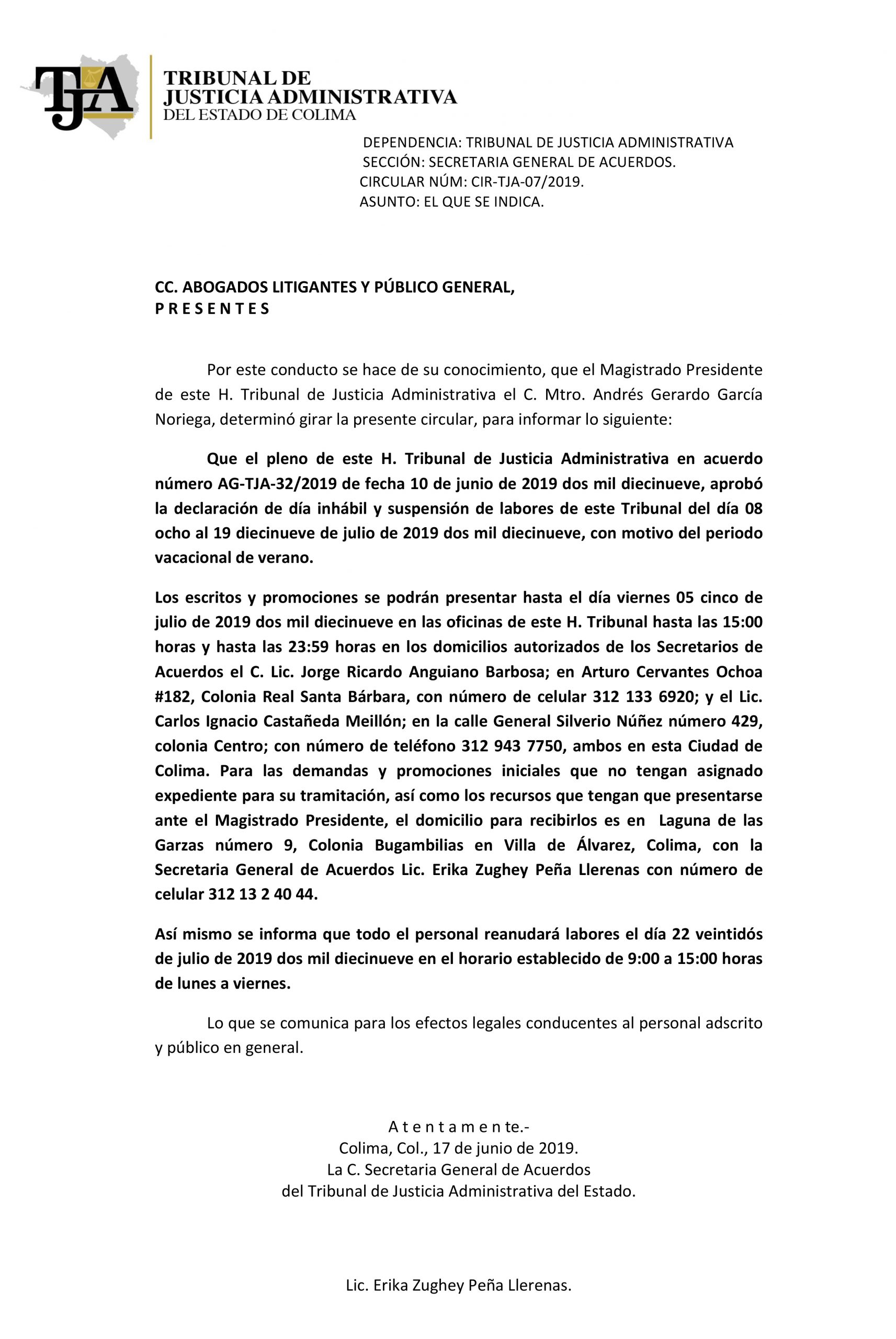 Circular Nº 7 – Tribunal de Justicia Administrativa Del Estado de Colima